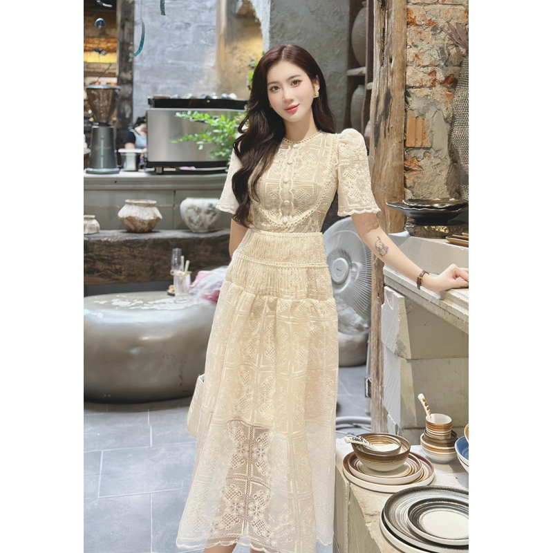 Đầm thiết kế thương hiệu Ren DESIGN by KHÂU ren cúc bọc sang chảnh phù hợp đi làm đi chơi ...