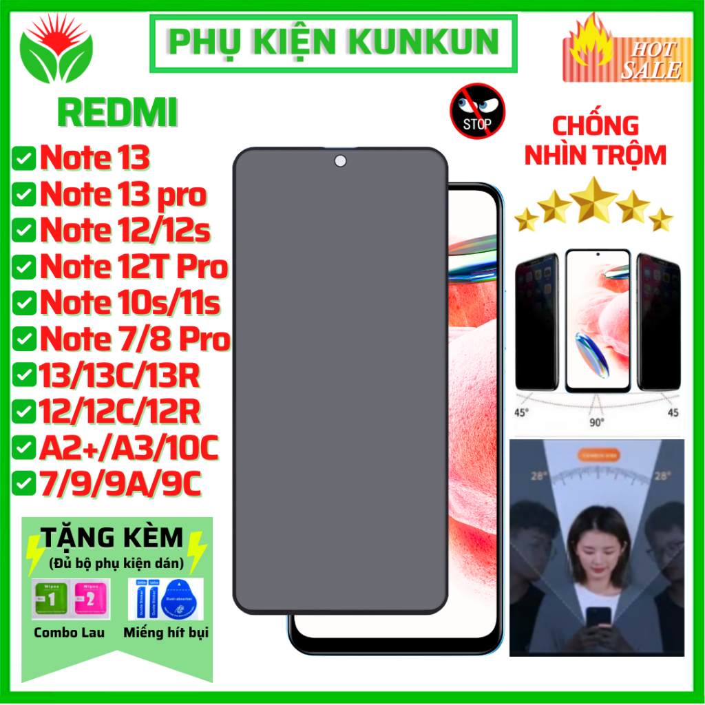 Cường lực chống nhìn trộm Redmi 14C Note 7 8 10s 11s 11T 12s 12 12T 13 pro A2+ A3 7 9 9A 9C 9T ...