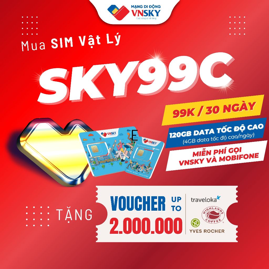 Sim 4G VNSKY SKY99C [Miễn phí 1 tháng] 120GB/tháng + Tặng Voucher ...