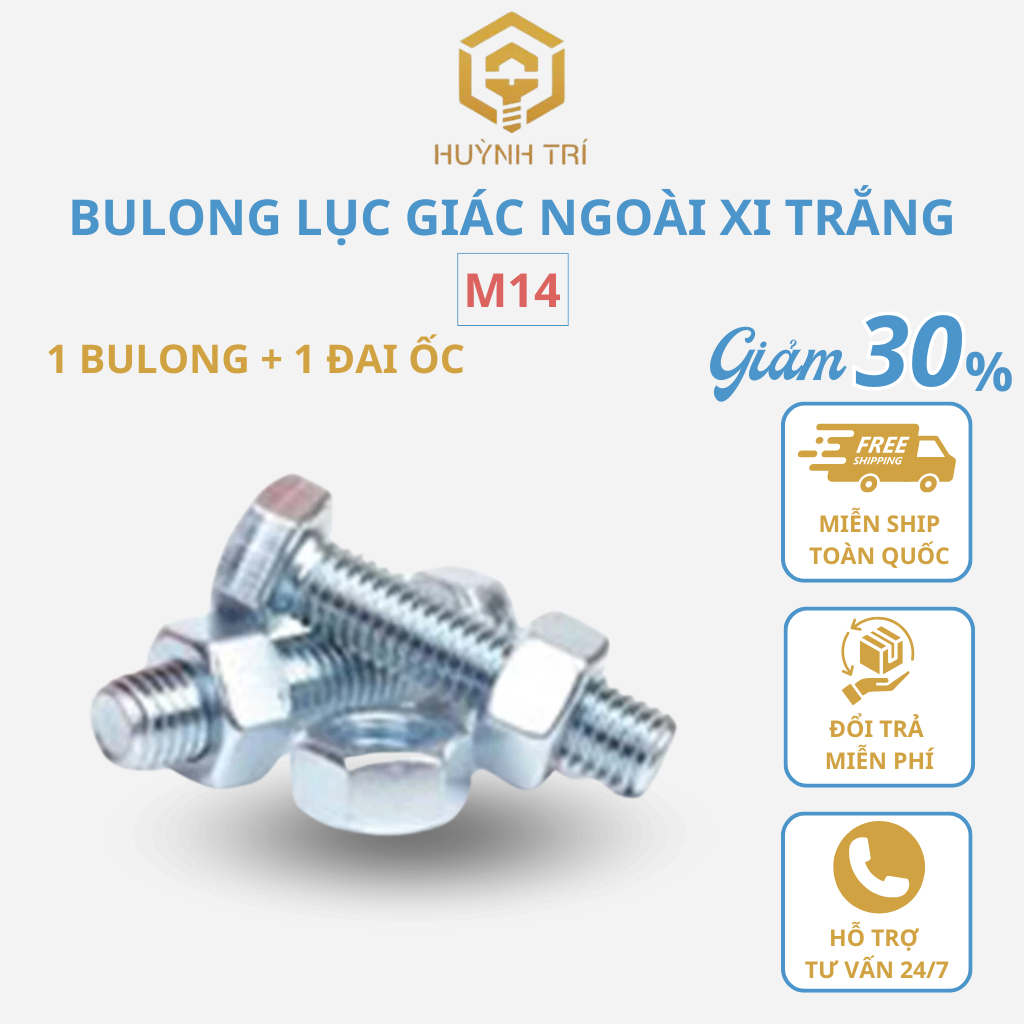 Bulong lục giác ngoài xi trắng M14 (Bộ gồm 1 bulong + 1 đai ốc) Size từ ...