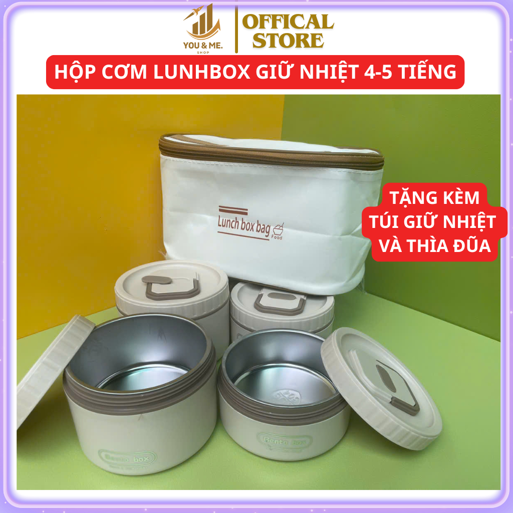 Hộp cơm giữ nhiệt tặng túi giữ nhiệt và bộ thìa đũ ,cặp lồng rời lúa ...
