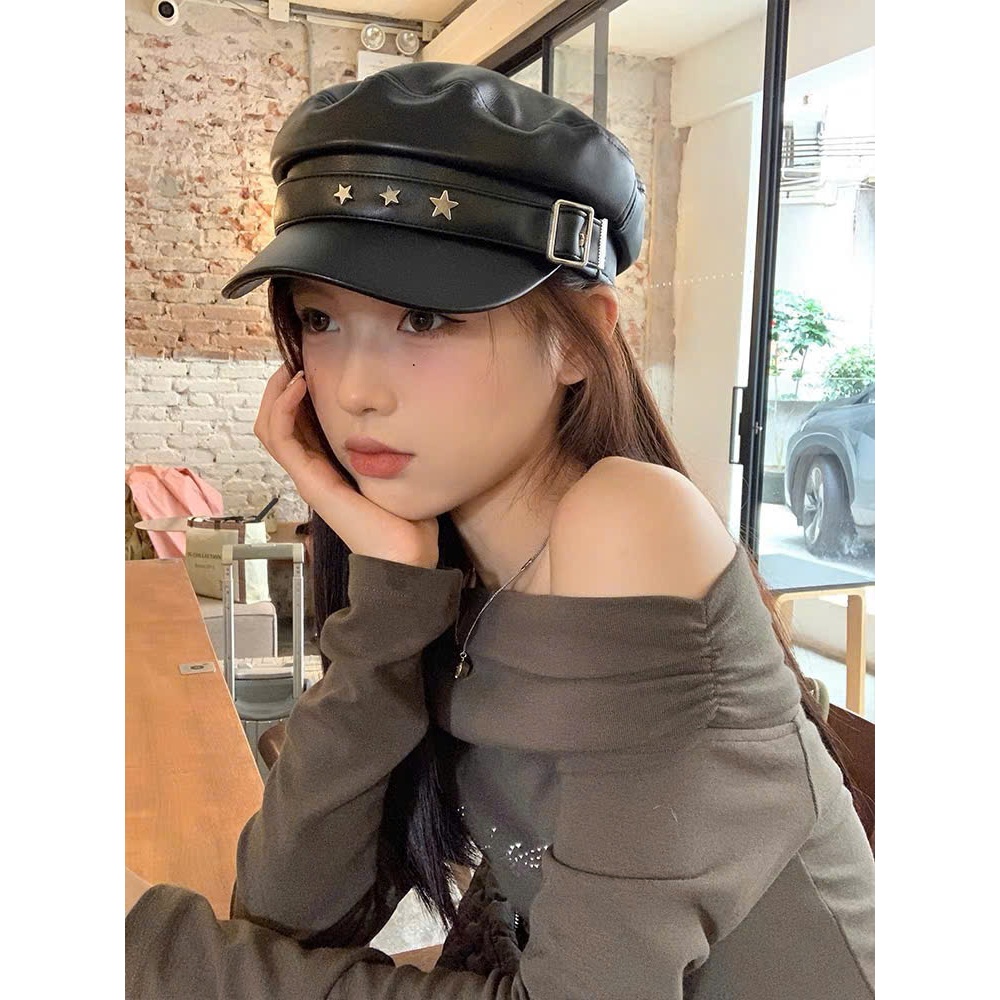 Mũ baker chất liệu Pu mềm mại quai đính ngôi sao phong cách thời trang mơí hat-c-024 | Shopee ...