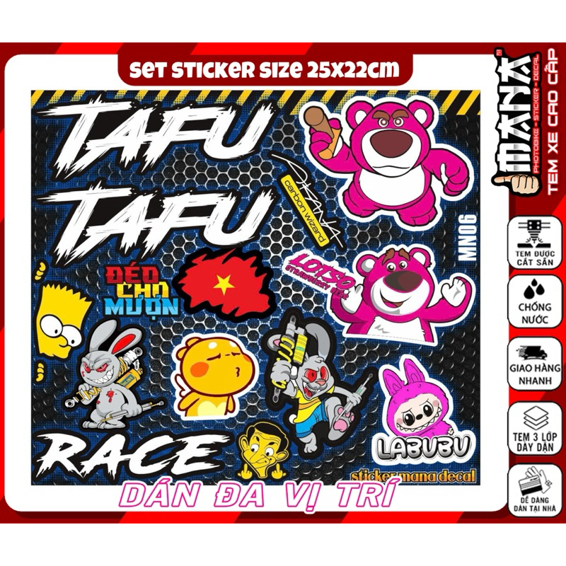 Tem dán xe chữ tàu tafu race qoobee dán đa vị trí Sticker dán xe tem ...