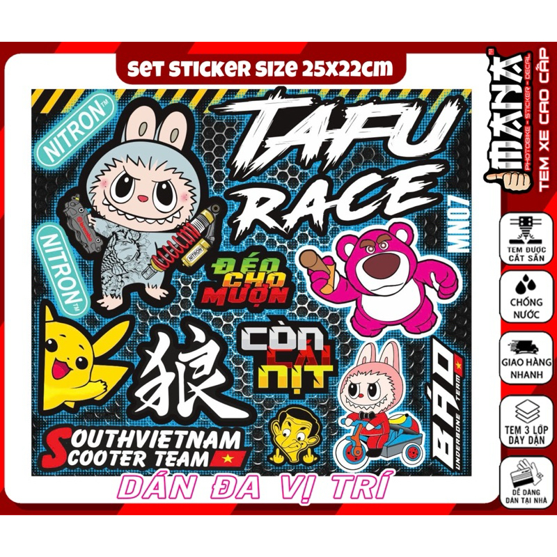 Tem dán xe, labubu dán xe pikachu, chữ tafu dán đa vị trí,Sticker dán ...