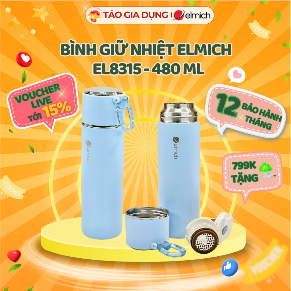 Bình giữ nhiệt inox 316 Elmich EL8315DB - 480ml, giữ nhiệt chân không siêu lâu, nắp làm cốc uống ...