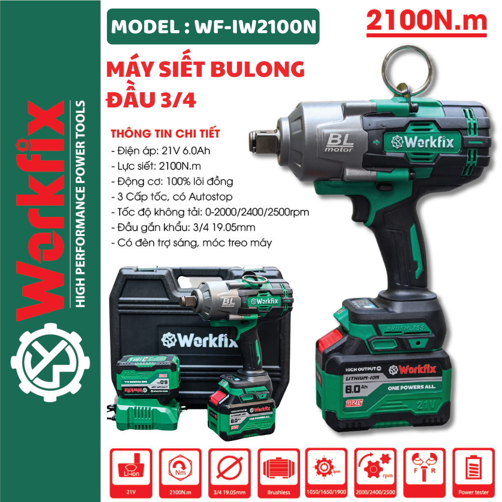[Xanh] Máy Siết Bulong WORKFIX WF-IW2100N, Đầu 3/4 Lực Siết 2100n.m Kèm ...