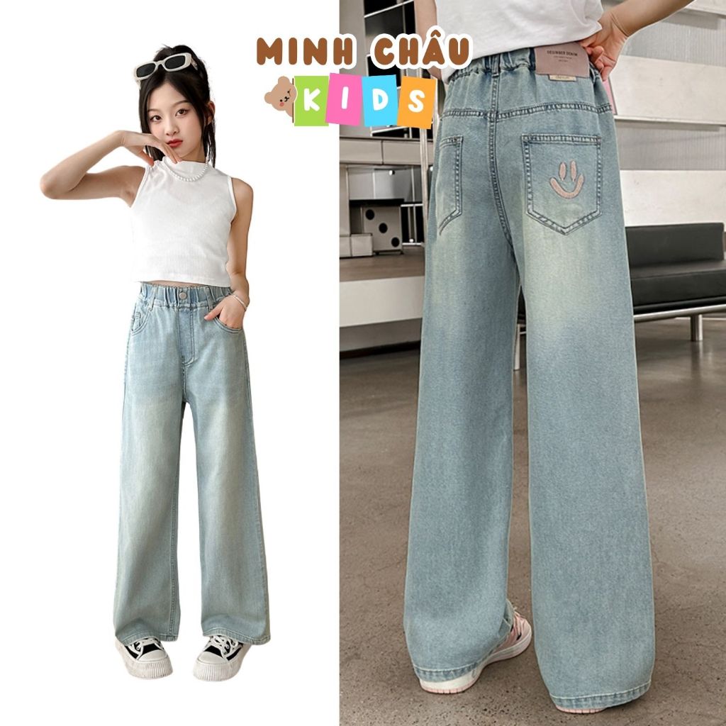 Quần Jean Ống Đứng Bé Gái 14-45Kg Trơn Thêu Mặt Cười Túi Sau Minh Châu ...