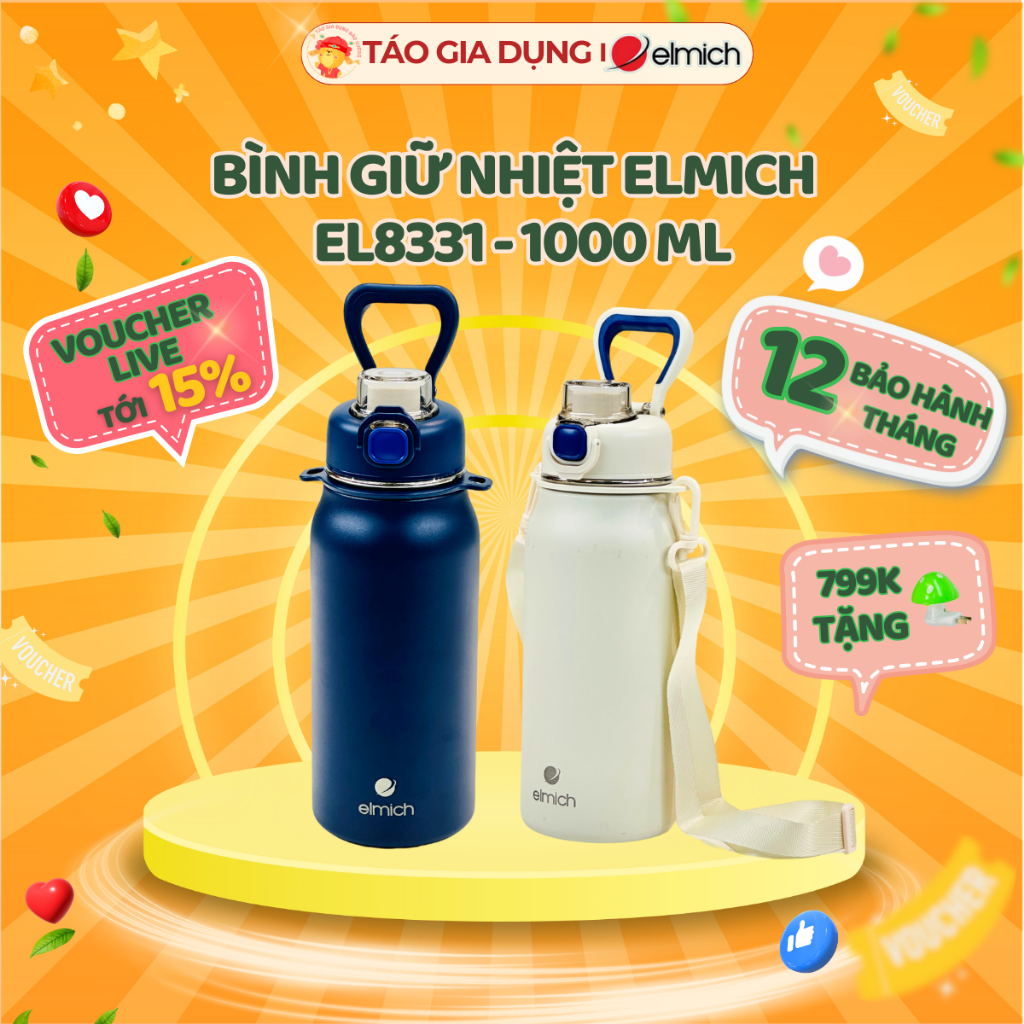 Bình giữ nhiệt Elmich EL8331MW - Inox 316 1000ml, giữ nhiệt chân không, kèm đầu hút, quai xách ...