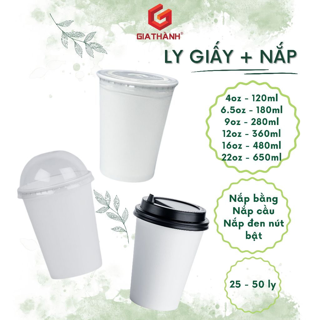 Ly giấy trắng và nắp 120ml - 4oz, 180ml - 6.5oz, 280ml - 9oz, 360ml - 12oz, 450ml - 16oz, 650ml ...