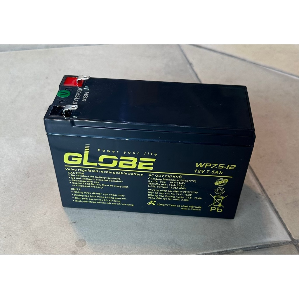 Ắcquy Globe 12V 7,5Ah dùng cho cửa cuốn, phun thuốc trừ sâu, xe điện ...