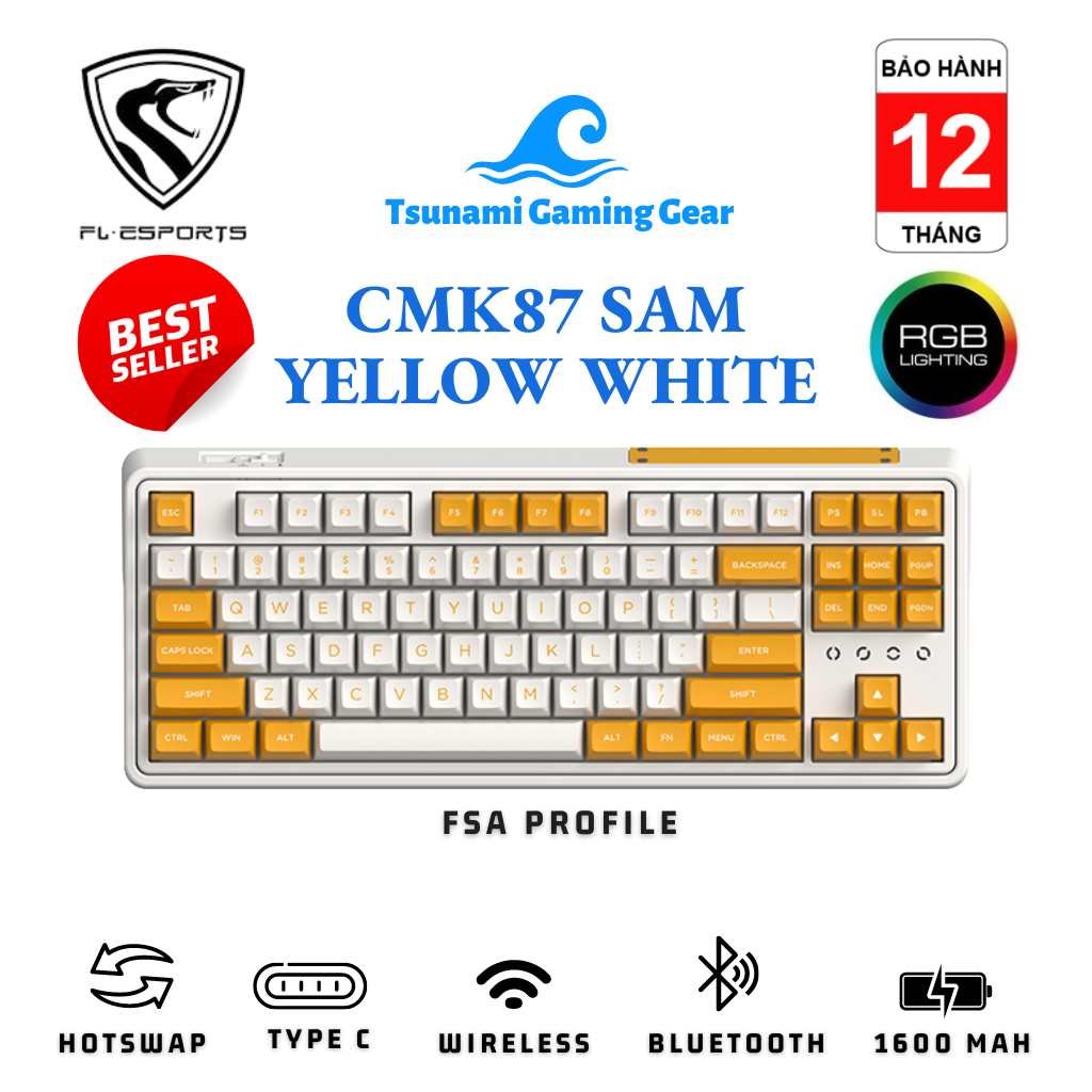 Bàn phím cơ FL-Esports CMK87 Yellow and White RGB/ Hotswap/ 3 mode chính hãng BH 12 tháng ...