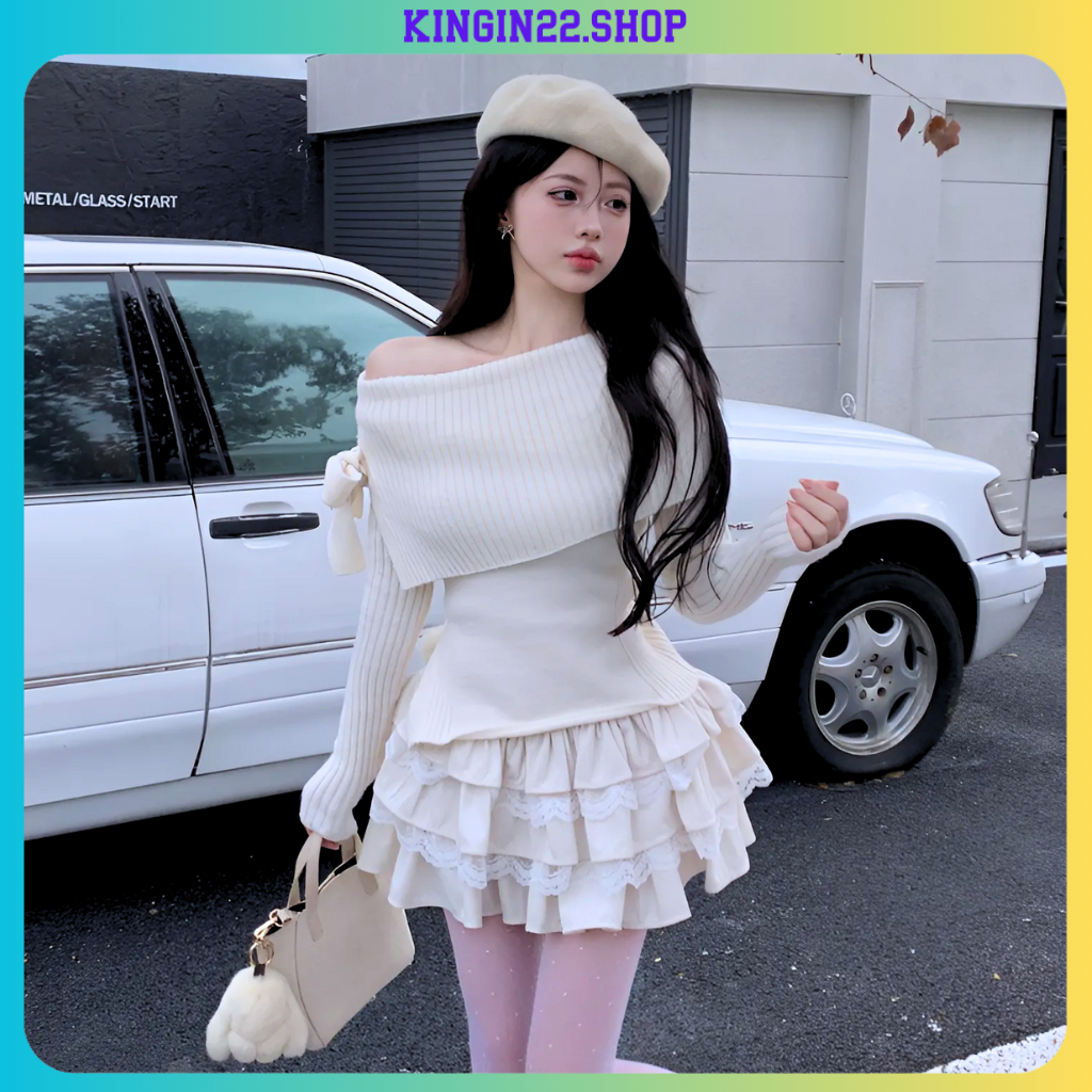 Set đồ nữ thu đông - Áo len trễ vai đính nơ mix với chân váy tầng viền ren tiểu thư sang chảnh ...