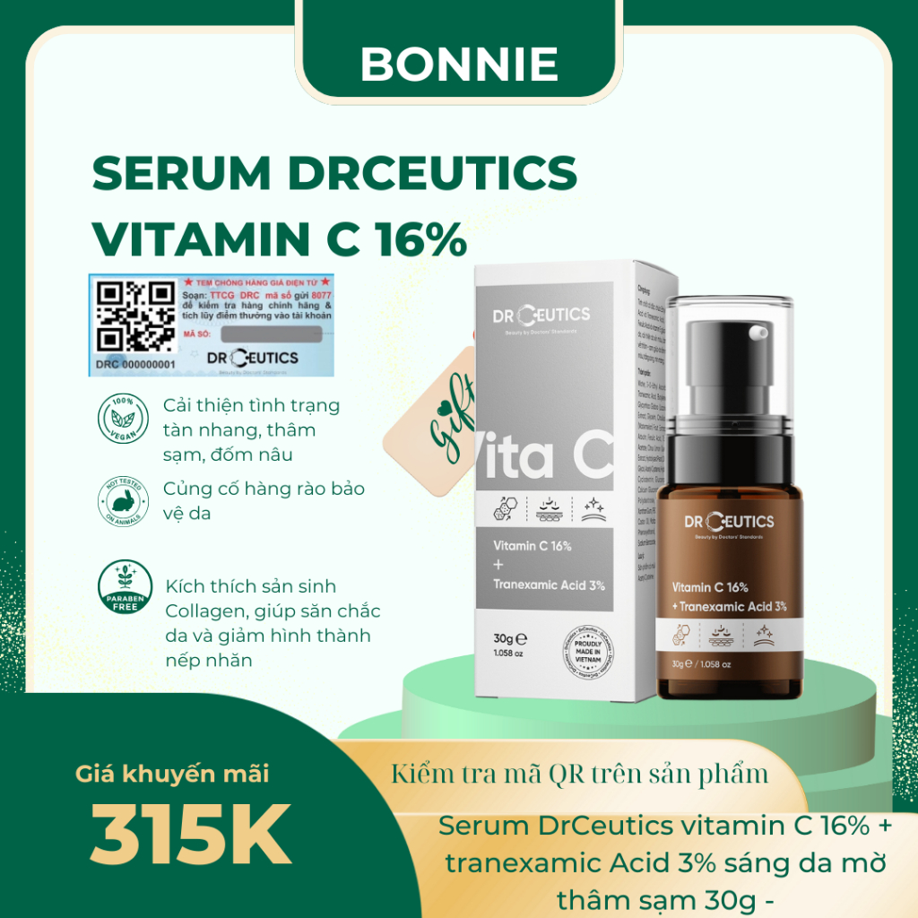 Serum DrCeutics vitamin C 16% + tranexamic Acid 3% sáng da mờ thâm sạm 30g | Shopee Việt Nam