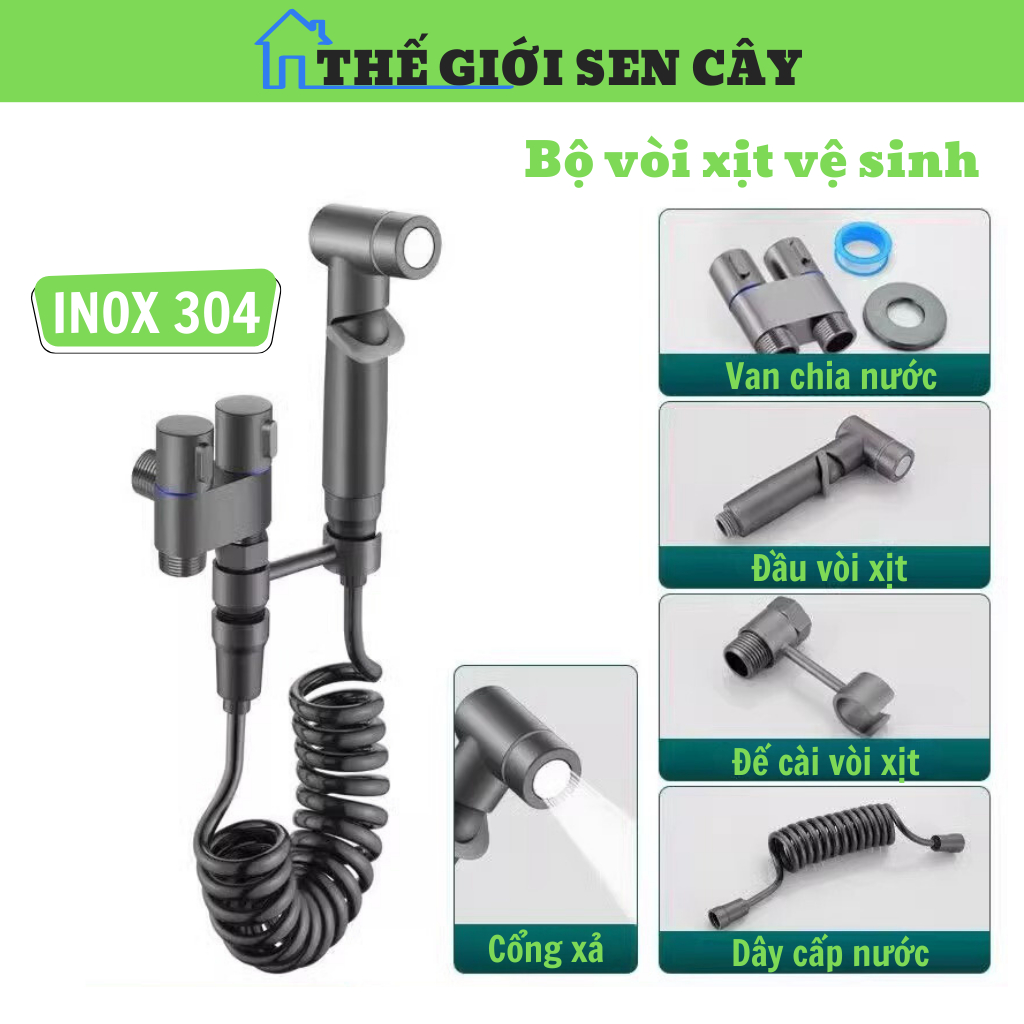 Bộ vòi xịt vệ sinh tay gạt INOX 304, Vòi xịt bồn cầu kèm van chia nước ...