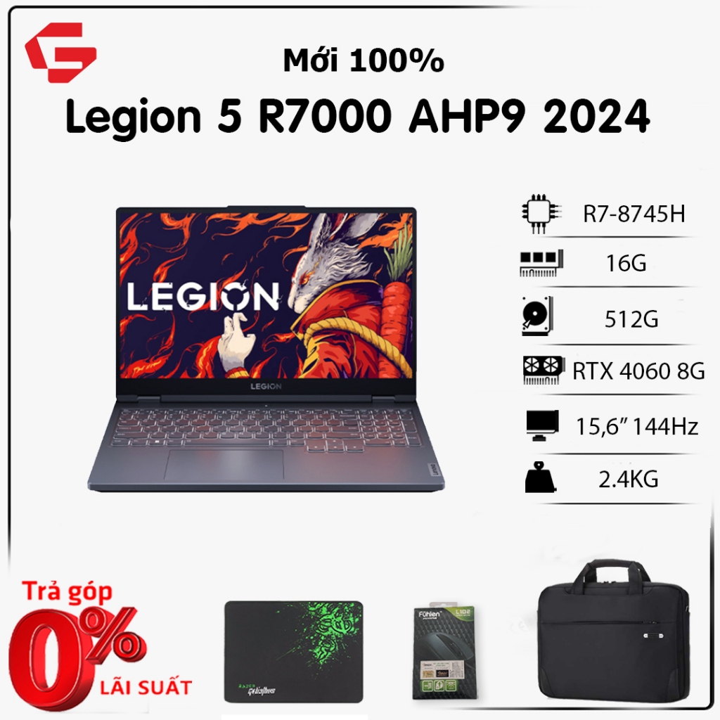 Lenovo Legion 5 R7000 AHP9 (Ryzen 7-8745H, RTX 4060-8GB, 16GB, 512GB,15,6" 144Hz) Laptop Gaming ...