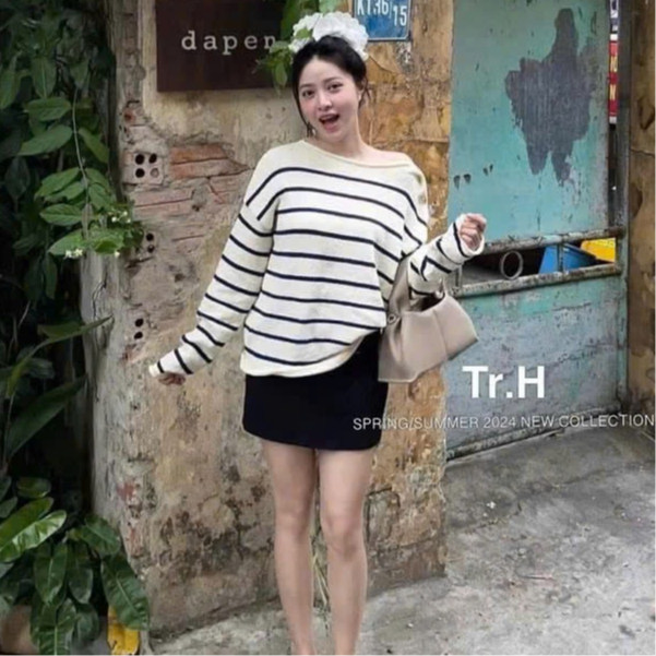 áo len lệch vai,áo len kẻ lệch vai đính khuy phối đồ siêu xinh EC54 ...