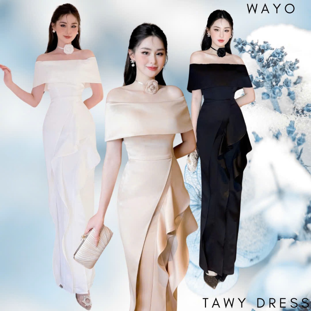 [Tawy Dress] Đầm WAYO thiết kế trễ vai ngang phối bèo kèm tag hoa dự ...