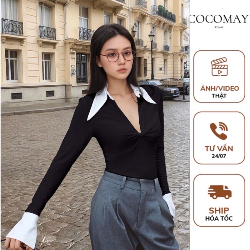 COCOMAY Áo xoắn ngực phối cổ tay trắng nử Nữ Women Top cổ sơ mi trắng | Shopee Việt Nam