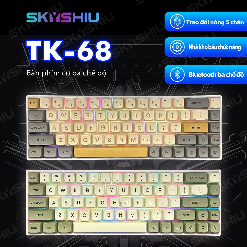 SKYSHIU Bàn phím cơ không dây TK-68 Bluetooth 5.0 Bàn phím cơ có đèn ...