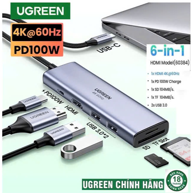Hub USB C 6 in 1 Ugreen 70411 60384 15214 (USB Tye C to HDMI,2USB3.0+SD/TF+PD100W) Chính Hãng ...