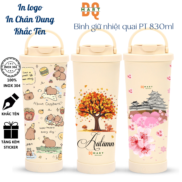 Bình giữ nhiệt cao cấp pastel 830ml khắc tên , DQMart hãng inox 304, tặng sticker, ống hút trân ...