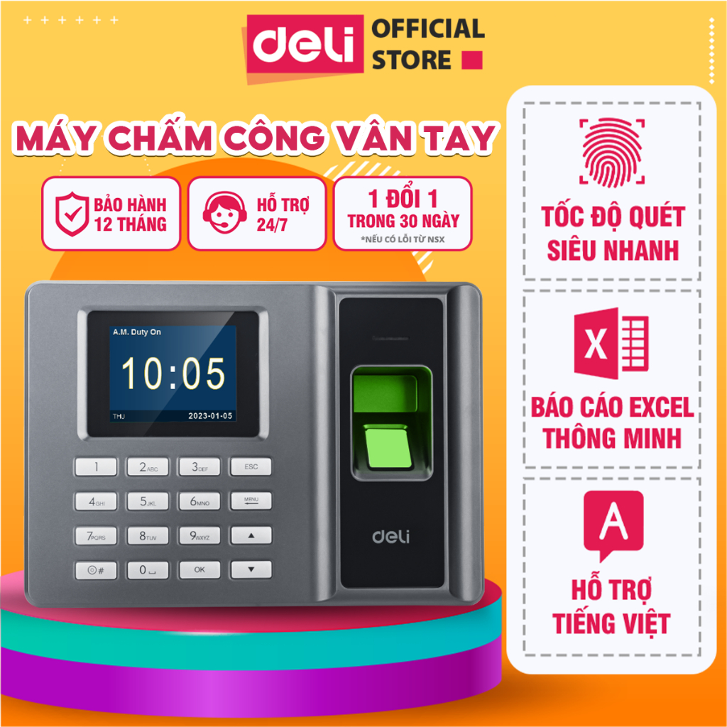 Máy Chấm Công Quét Vân Tay DELI Có Tiếng Việt Màn Hình 2.4 Inch Kết Nối ...