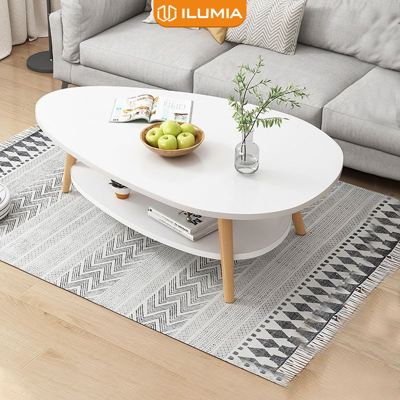 Bàn trà sofa bàn cafe 2 tầng hình trứng mặt gỗ MDF chân gỗ sồi thương ...