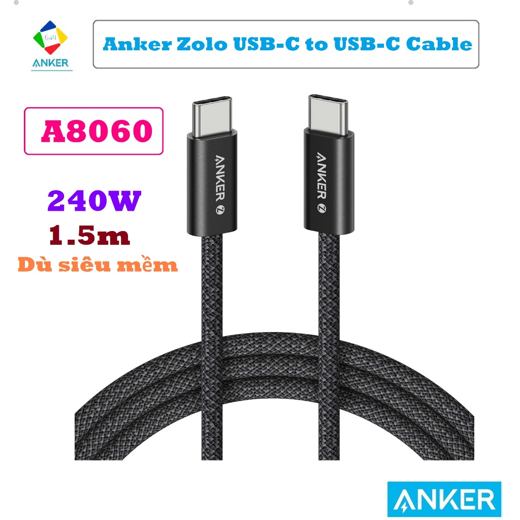 Cáp Anker Zolo A8060 240W USB C to USB C | PD3.1 Dây bện dù mới siêu mềm | Chiều dài 1.5m ...