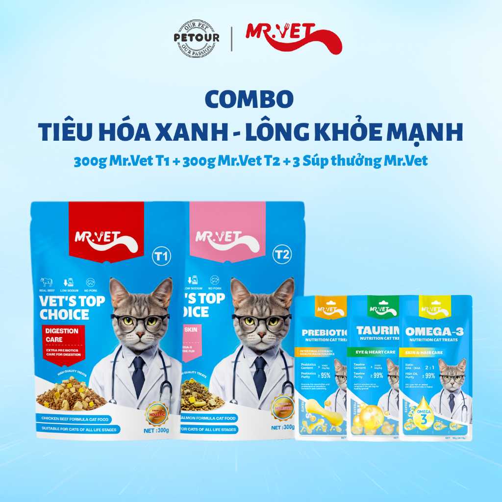 Thức Ăn Cho Mèo MRVET COMBO TIÊU HÓA XANH - LÔNG KHỎE MẠNH Gồm 300G T2 + 300G T1 + 3 Súp thưởng ...