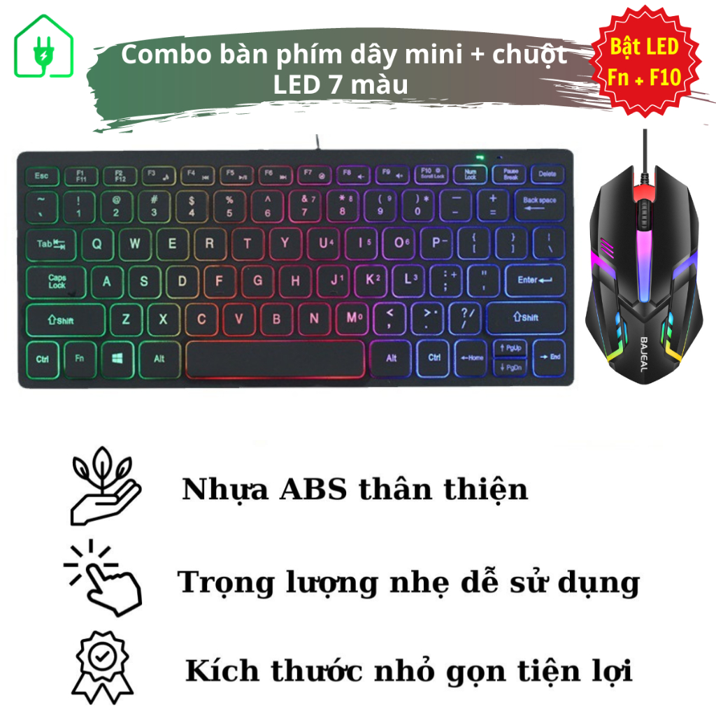 Combo chuột và bàn phím dây mini LED 7 màu BAJEAL siêu nhẹ chuyên dụng văn phòng nhỏ gọn tiện ...
