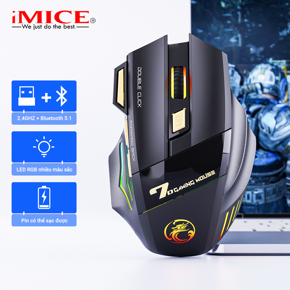 Chuột gaming không dây iMICE GWX7 - 2 mode 2.4GHZ và bluetooth 5.1 - 7 nút bấm - Đèn LED 7 màu ...