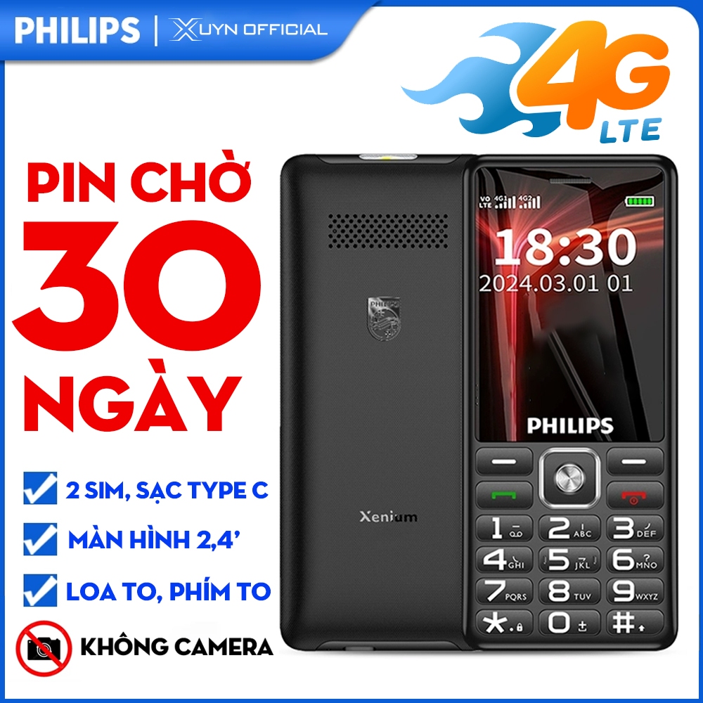 Điện thoại Philips Xenium E539 - Pin lâu, 4G, bàn phím lớn cho người lớn tuổi và học sinh ...