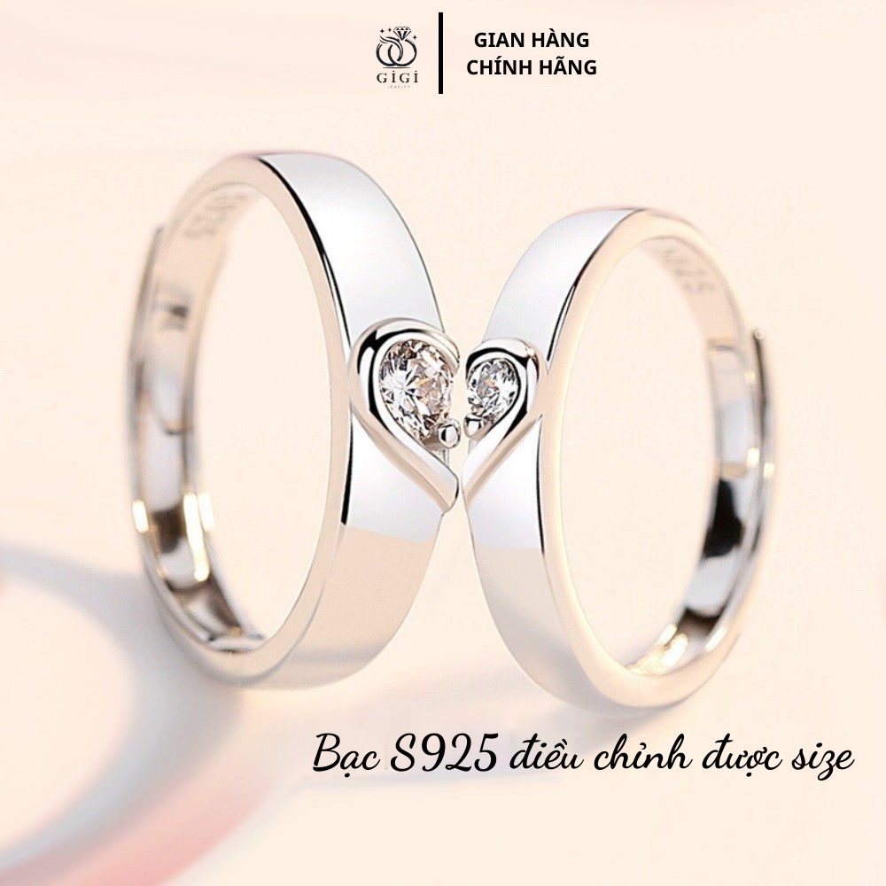 Nhẫn đôi bạc Gigi S925 không gỉ, hình trái tim ghép thể hiện sự kết nối của tình yêu, điều chỉnh ...