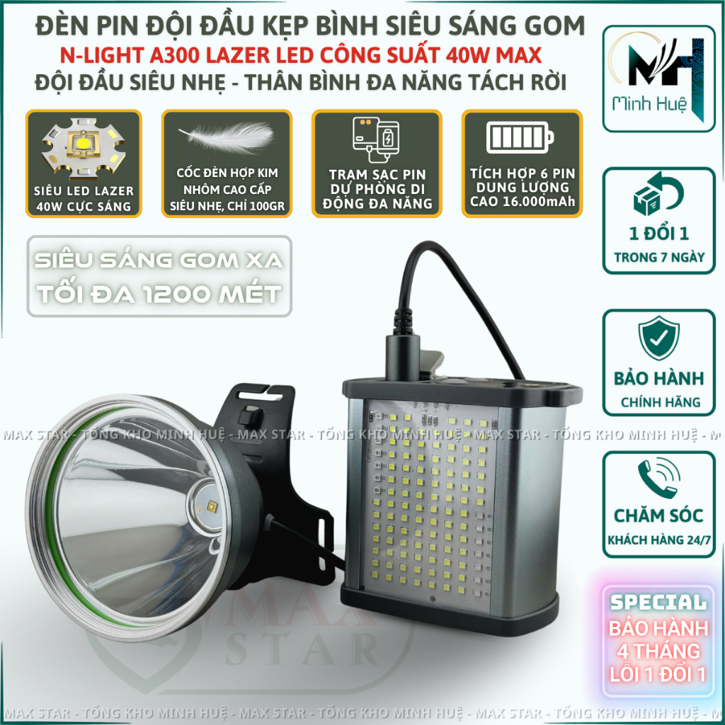 Đèn pin đội đầu kẹp bình siêu sáng gom NLIGHT A300 LED LAZER công suất ...