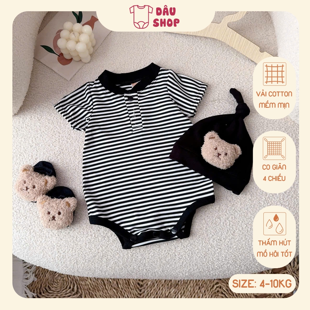 Set body chip bé trai 3 chi tiết size 4-10kg, body bé trai kẻ sọc ngang chất cotton mát, mềm mại ...