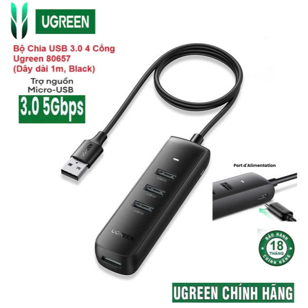 Bộ chia USB 1 ra 4 cổng Ugreen 80657 CM146 ( USB 3.0 tốc độ 5Gbps,cổng ...