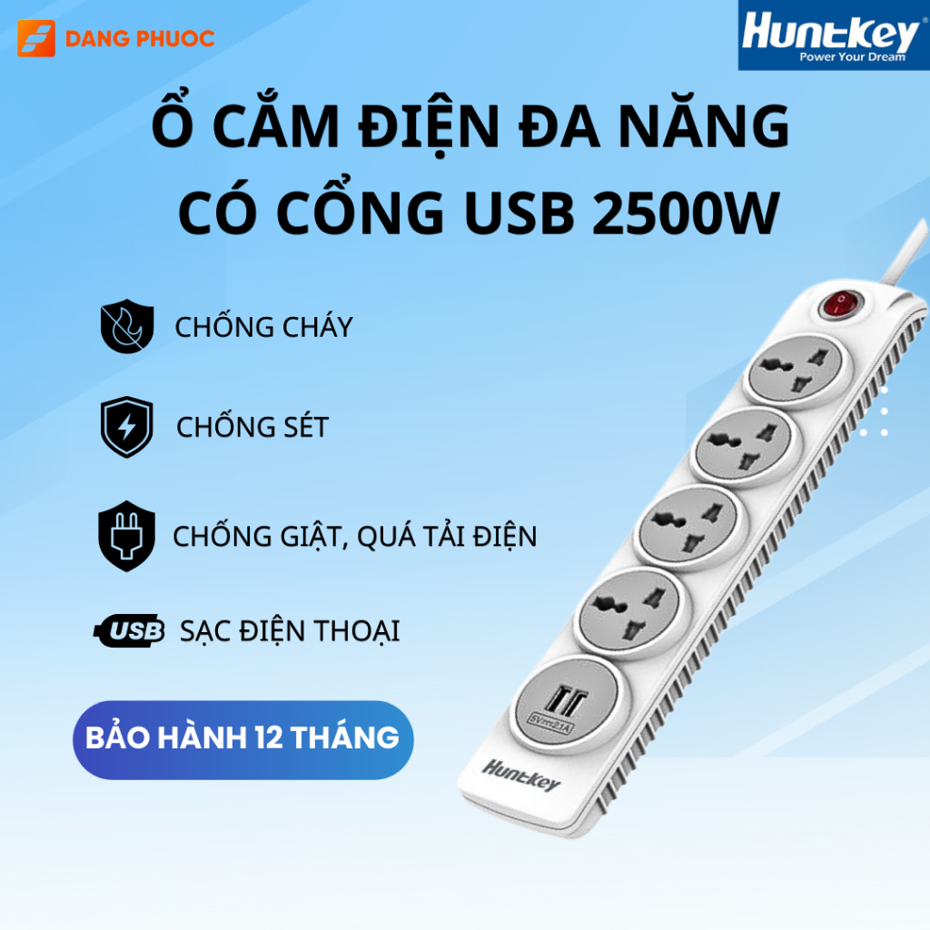 Ổ cắm điện đa năng có cổng USB, chống giật Huntkey SZN507 2500W, tự ...