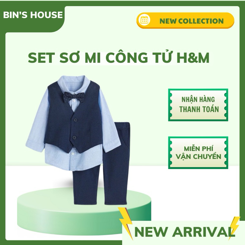 [Au.th]Set bộ sơ mi gile vest kẻ H&M sz 4-24M form to | Shopee Việt Nam
