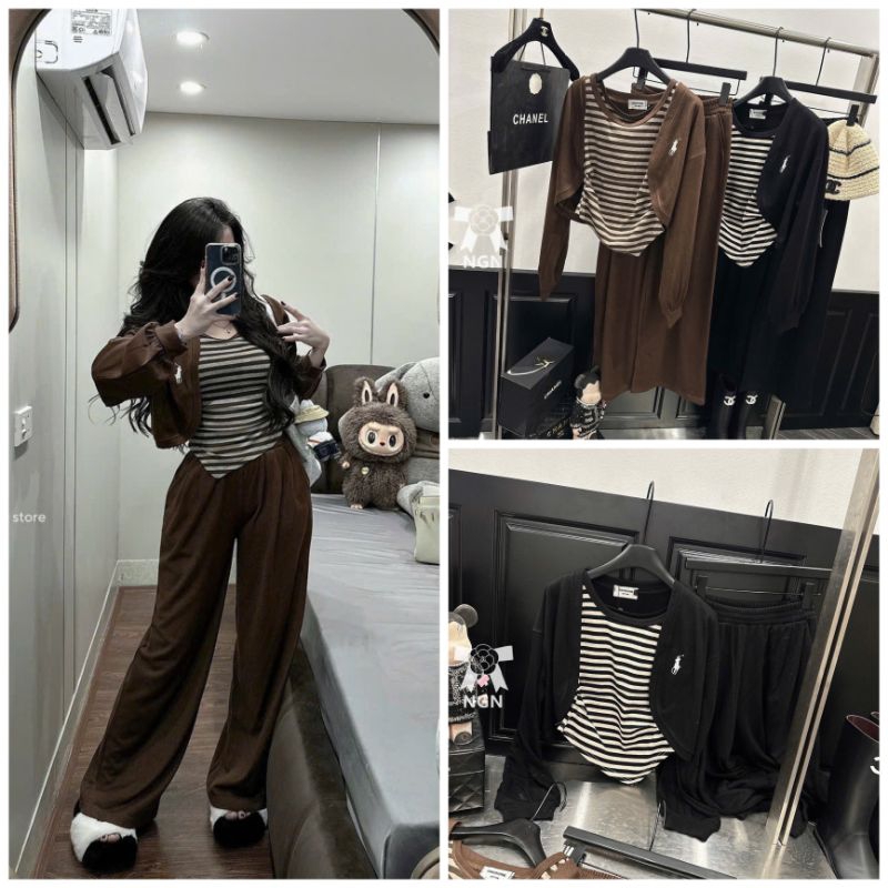 Sét áo len Thome kẻ ngang + quần xuông | Shopee Việt Nam
