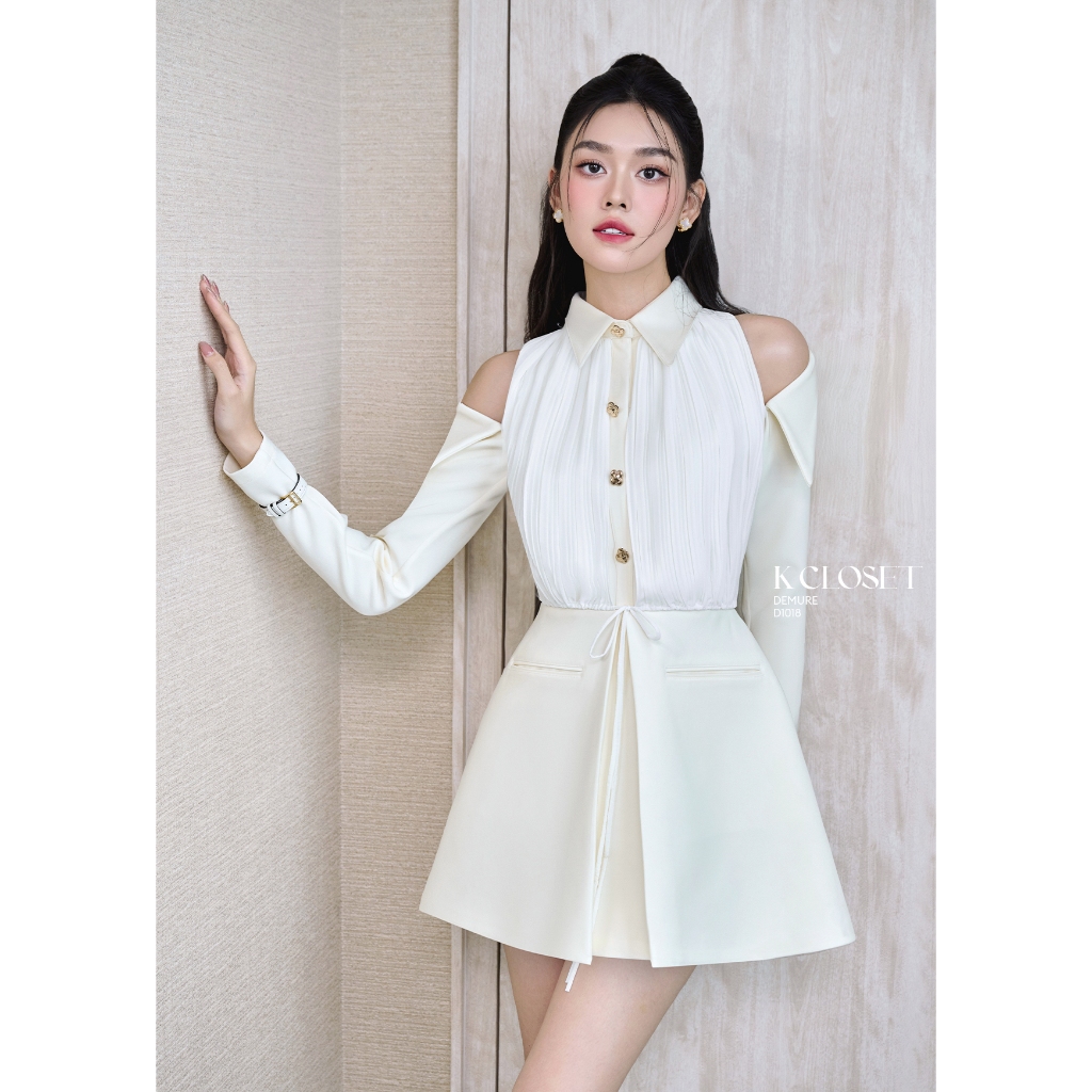 Đầm sơ mi chữ A dập ly thân trên khoét vai, thời trang thiết kế K ...