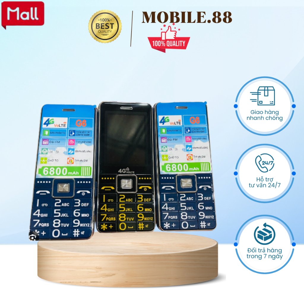 Điện thoại người già G6, 2 sim sóng [ 4G ] chữ to, bàn phím to, loa siêu to, pin 6800mAh, đèn ...