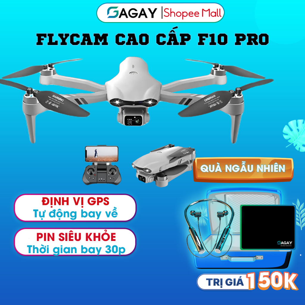 Flycam F10, flycam mini camera HD, có GPS, tự bay về, có cảm biến tránh ...