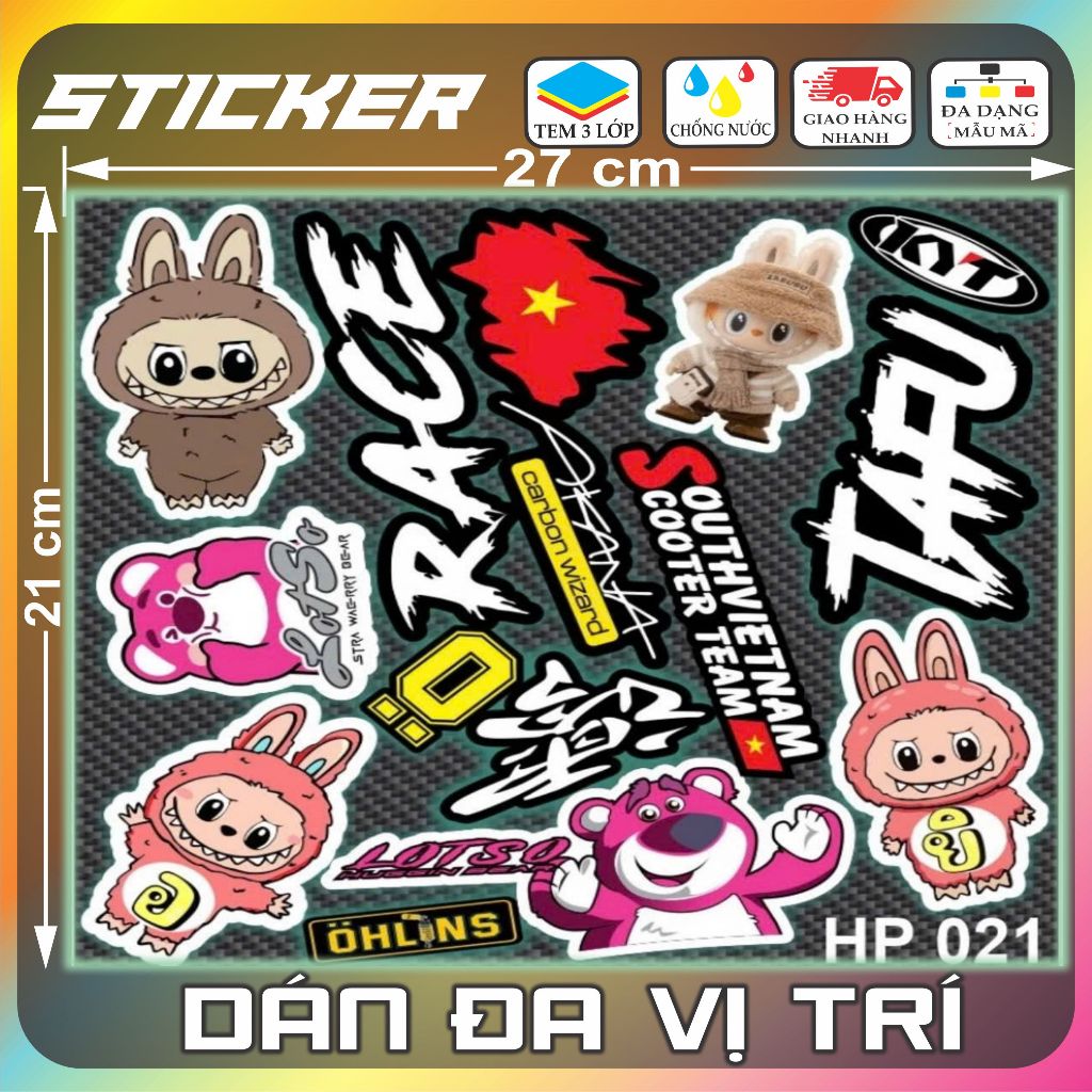 Tem dán sticker labubu chữ race tafu gấu dâu dán xe mũ bảo hiểm tủ bàn ...
