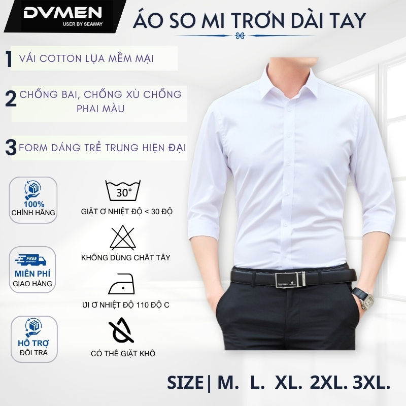 Áo sơ mi Trắng nam dài tay trơn DVMEN cài khuy kiểu dáng ôm Slimfit chất vải lụa Cotton siêu ...