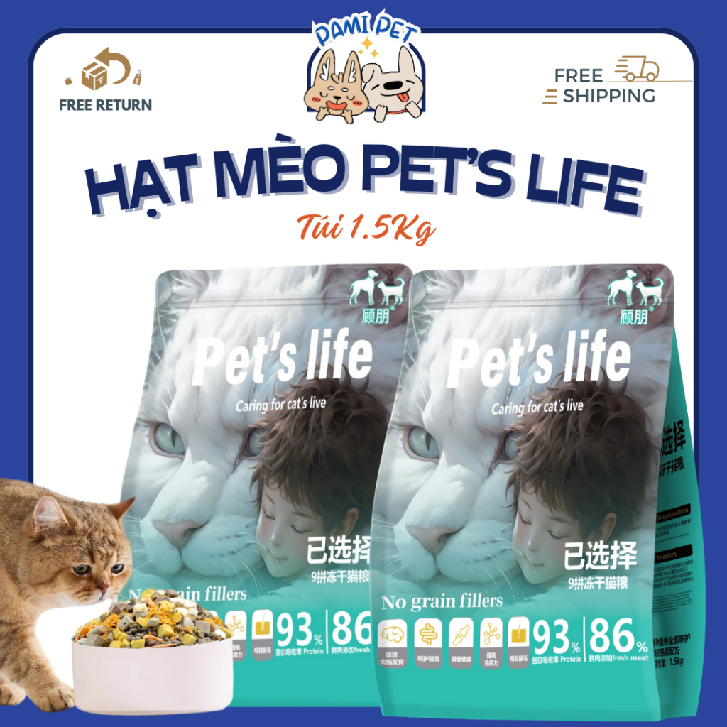 Hạt cho mèo Pet's Life túi 1.5kg siêu topping, không độn ngũ cốc, bổ ...