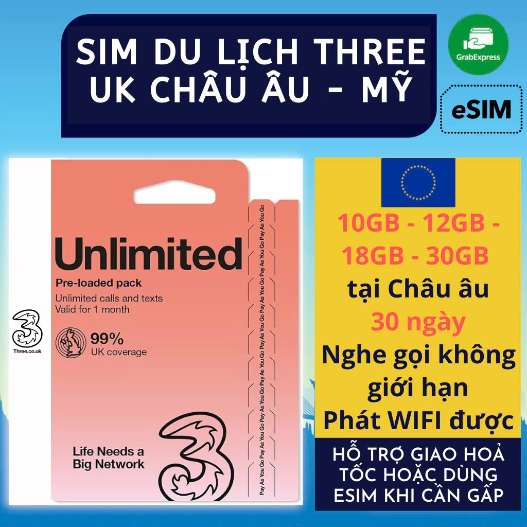 Sim Du Lịch Châu Âu 3UK USA 12GB 30 Ngày Nghe gọi không giới hạn ...