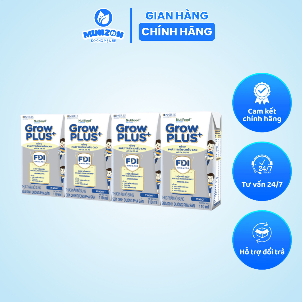 Vỉ 4 hộp sữa nước Grow Plus Height Boosting Nutifood cao lớn vượt trội ...