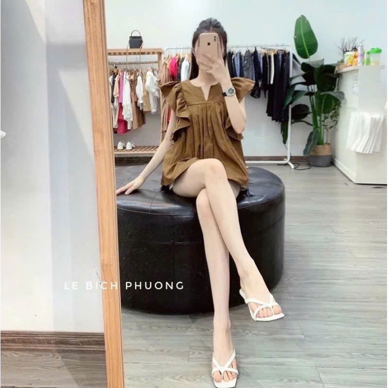 Bộ bầu mùa hè cánh tiên cổ V 2 màu nâu và trắng B66 | Shopee Việt Nam