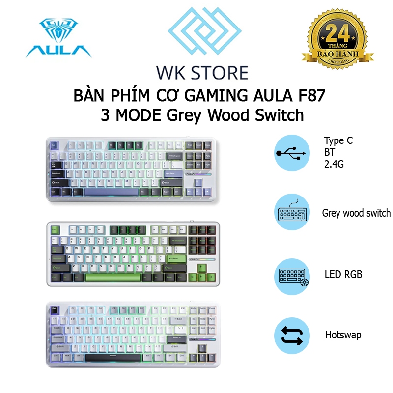 BÀN PHÍM CƠ GAMING AULA F87 3 MODE Grey Wood Switch | Bảo hành 24 Tháng ...