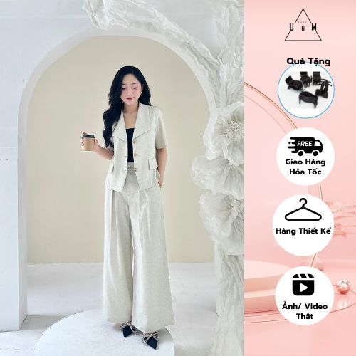Set áo blazer nữ tay ngắn phối quần suông dài khuy trước thanh lịch U&M có bigsize (AT54+QP04 ...